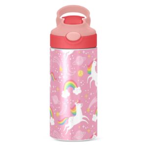 GOODOLD Unicorn Rainbow Pink Kids Water Bottle, Insulated Stainless Steel Water Bottles with Straw Lid, 12 oz BPA-Free Leakproof Duck Mouth Thermos for Boys Girls