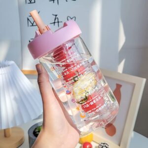 jzsmy transparent grass water bottle with straw, 500ml flower tea cup milk juice cute water bottle glass water bottles portable water cup creative handy cup kawaii bottles (pink)