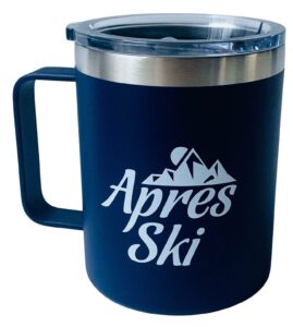 apres ski travel mug for skiers - leak proof insulated coffee mug with handle & lid - gift for skiers