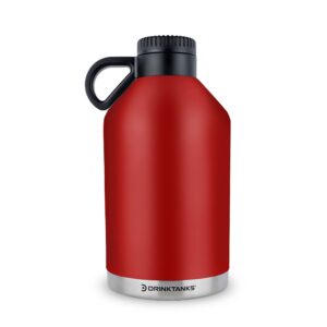 drinktanks - session growler, passivated stainless steel growlers for beer, leakproof and vacuum insulated beverage tumbler, soda, wine, or coffee tumbler with handle, 64 oz, crimson