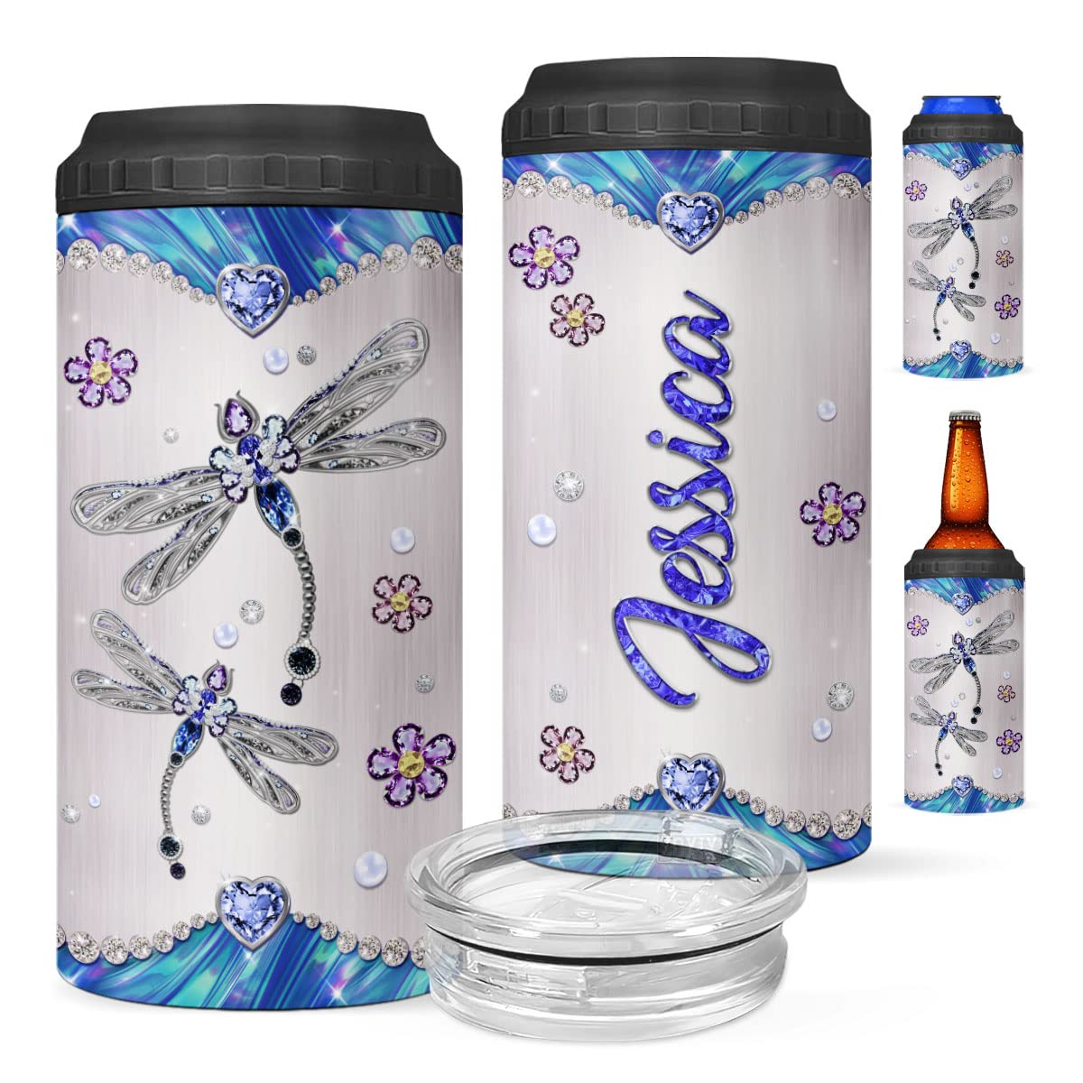 ZOXIX Dragonfly Can Cooler Tumbler With Name Customized 16oz 4-in-1 Beverage Can Holder Travel Cup Stainless Steel Insulated Jewelry Style Personalized Dragonfly Gifts For Women