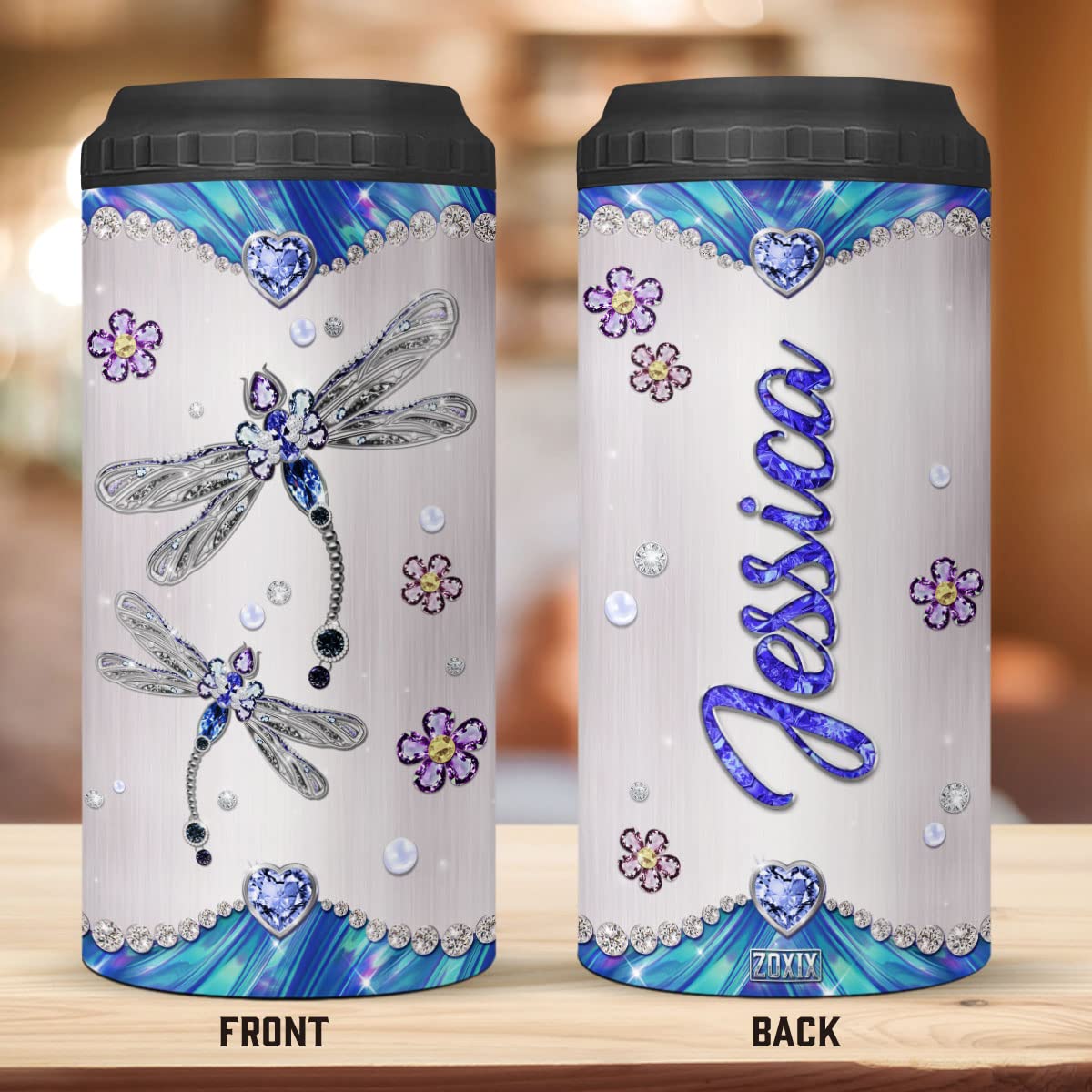 ZOXIX Dragonfly Can Cooler Tumbler With Name Customized 16oz 4-in-1 Beverage Can Holder Travel Cup Stainless Steel Insulated Jewelry Style Personalized Dragonfly Gifts For Women