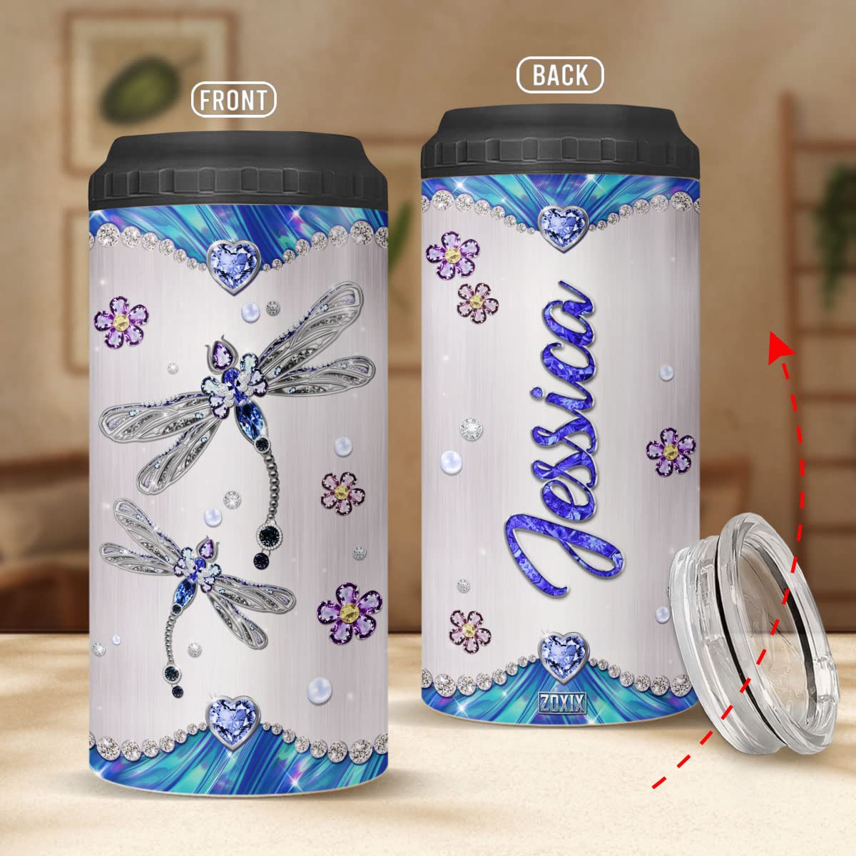 ZOXIX Dragonfly Can Cooler Tumbler With Name Customized 16oz 4-in-1 Beverage Can Holder Travel Cup Stainless Steel Insulated Jewelry Style Personalized Dragonfly Gifts For Women