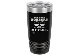 rogue river tactical large funny fishing 20 ounce travel tumbler mug cup w/lid bobbers and pole joke fishing gift fish black