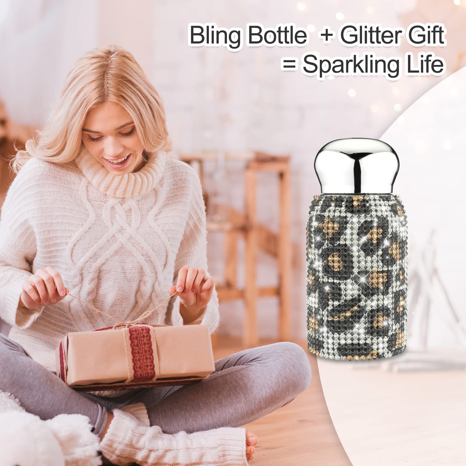 Tmore Mini Rhinestone Thermoses Bottle for Women Girls Glitter Stainless Steel Thermal Cute Water Bottles 200ml/6.76oz Bling Diamond Coffee Bottle Sparkling Insulated Vacuum Thermoses (#1 Leopard)