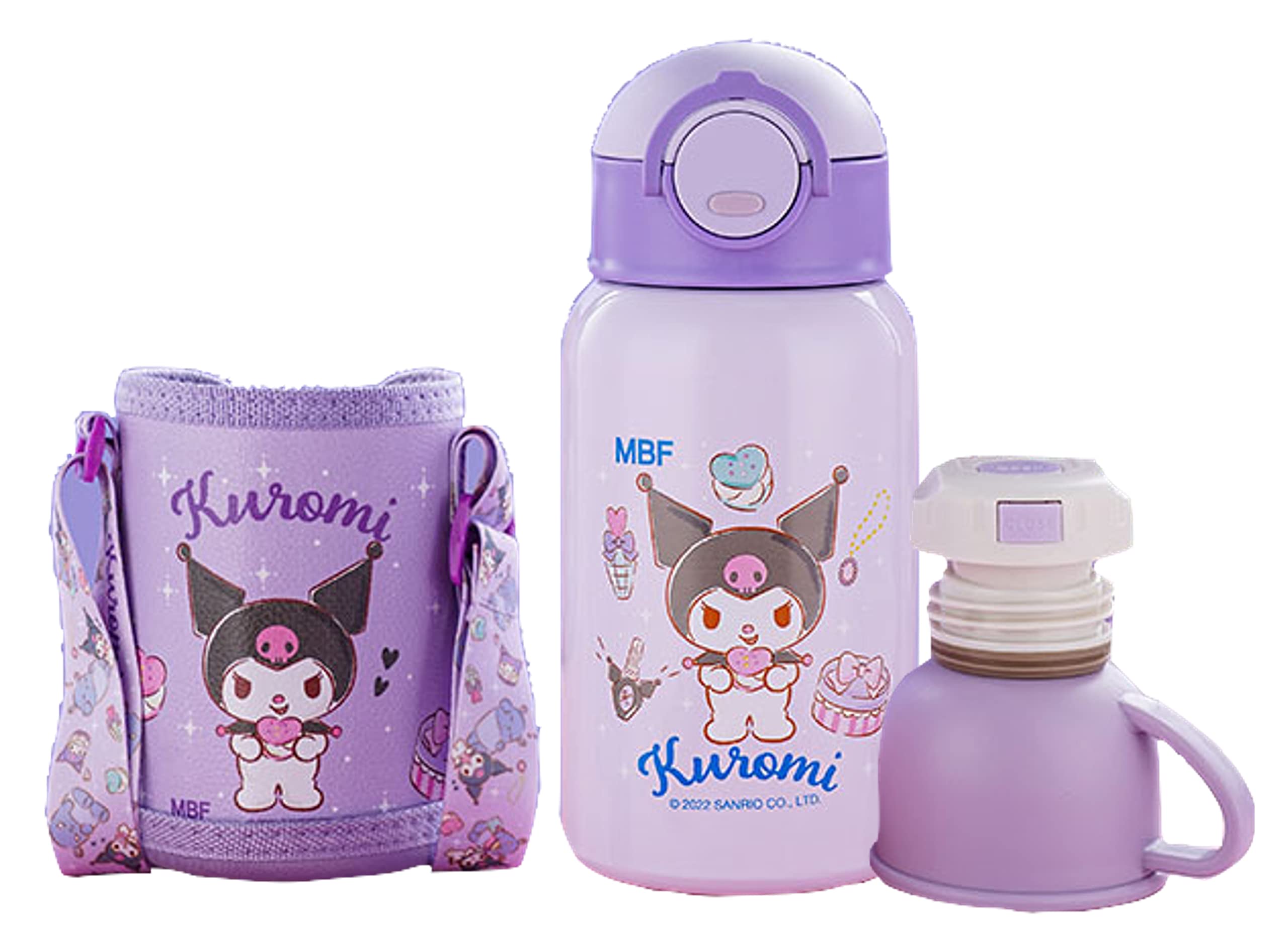 Everyday Delights Sanrio Kuromi Stainless Steel Insulated Water Bottle with Cup, Straw and Bag 500ml - Purple