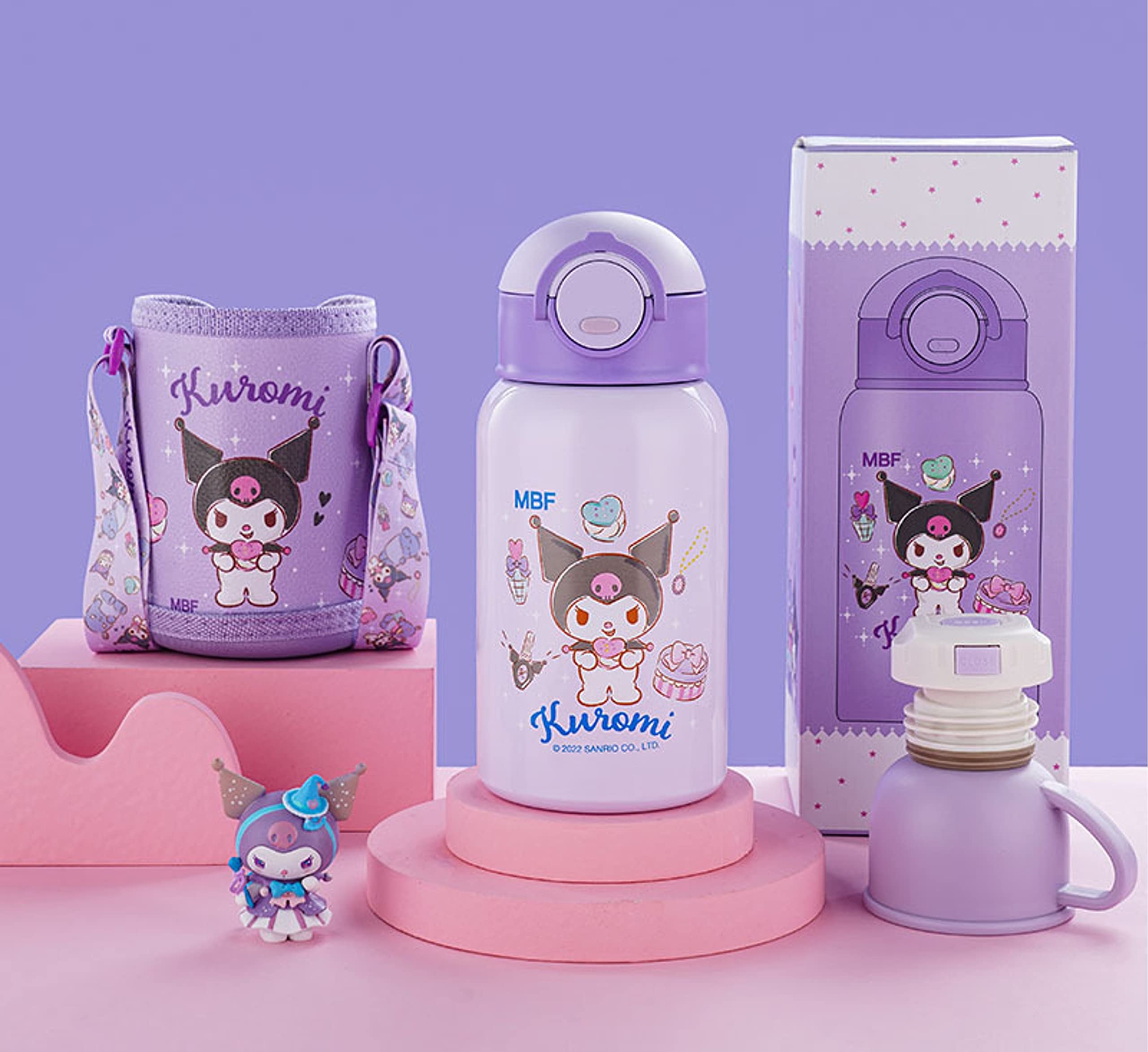 Everyday Delights Sanrio Kuromi Stainless Steel Insulated Water Bottle with Cup, Straw and Bag 500ml - Purple