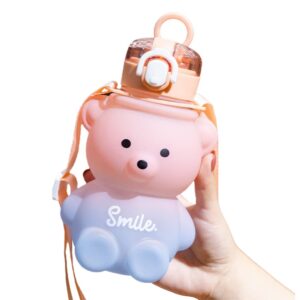 ohepfd cute kawaii bear straw bottle, cartoon gradient water bottle portable water jug leak-proof with shoulder strap for kids gradient pink blue 800ml