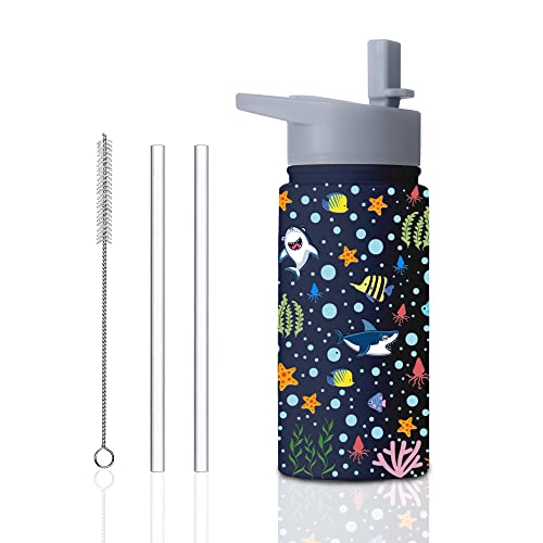 ARCQUESE 15oz Ocean Shark Kids Insulated Stainless Steel Water Bottle With Straw & Brush,Christmas Birthday Gifts for School Kids Shark, Sea Life - Hand Wash Only