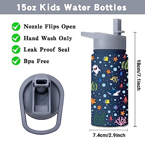 ARCQUESE 15oz Ocean Shark Kids Insulated Stainless Steel Water Bottle With Straw & Brush,Christmas Birthday Gifts for School Kids Shark, Sea Life - Hand Wash Only