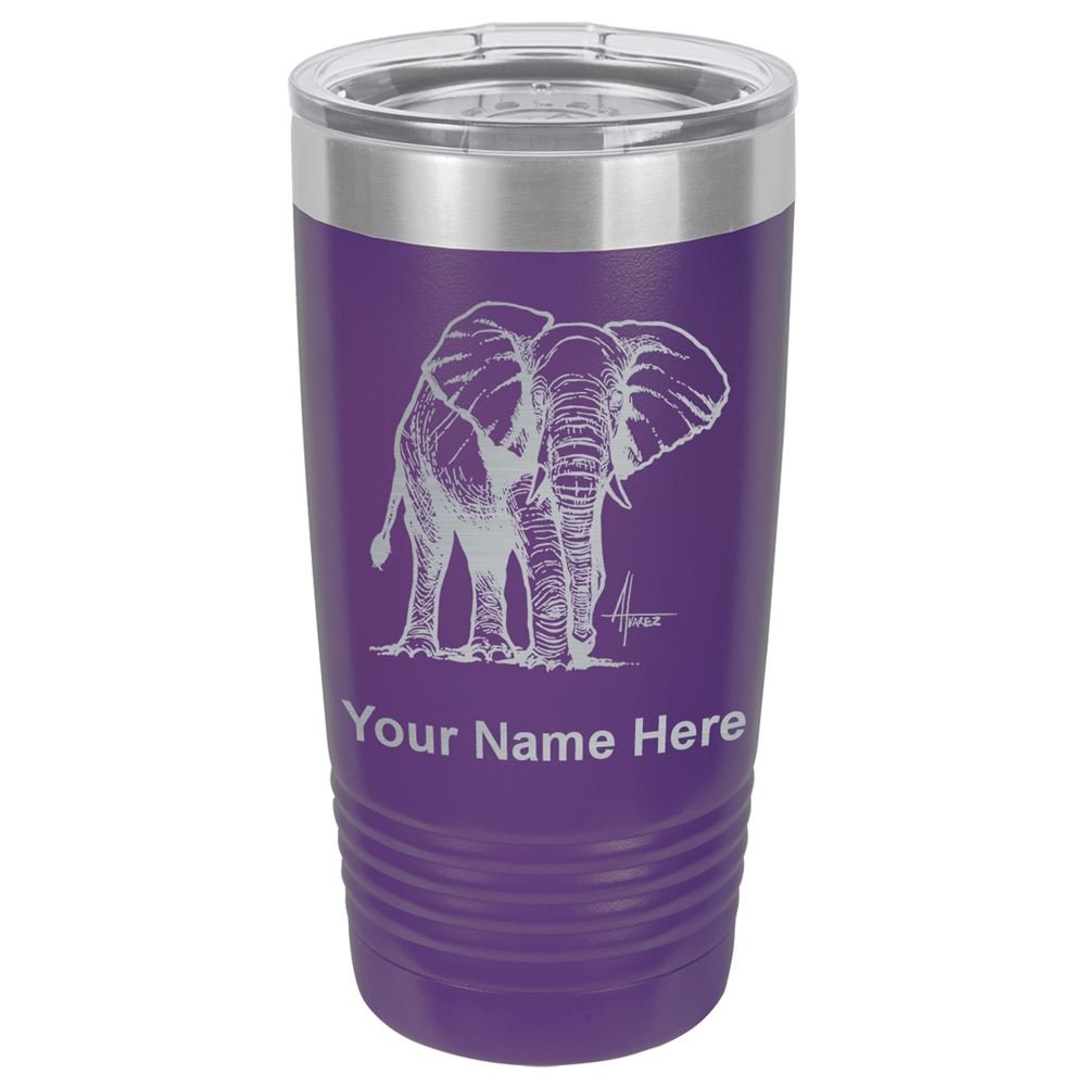 LaserGram 20oz Vacuum Insulated Tumbler Mug, African Elephant, Personalized Engraving Included (Dark Purple)