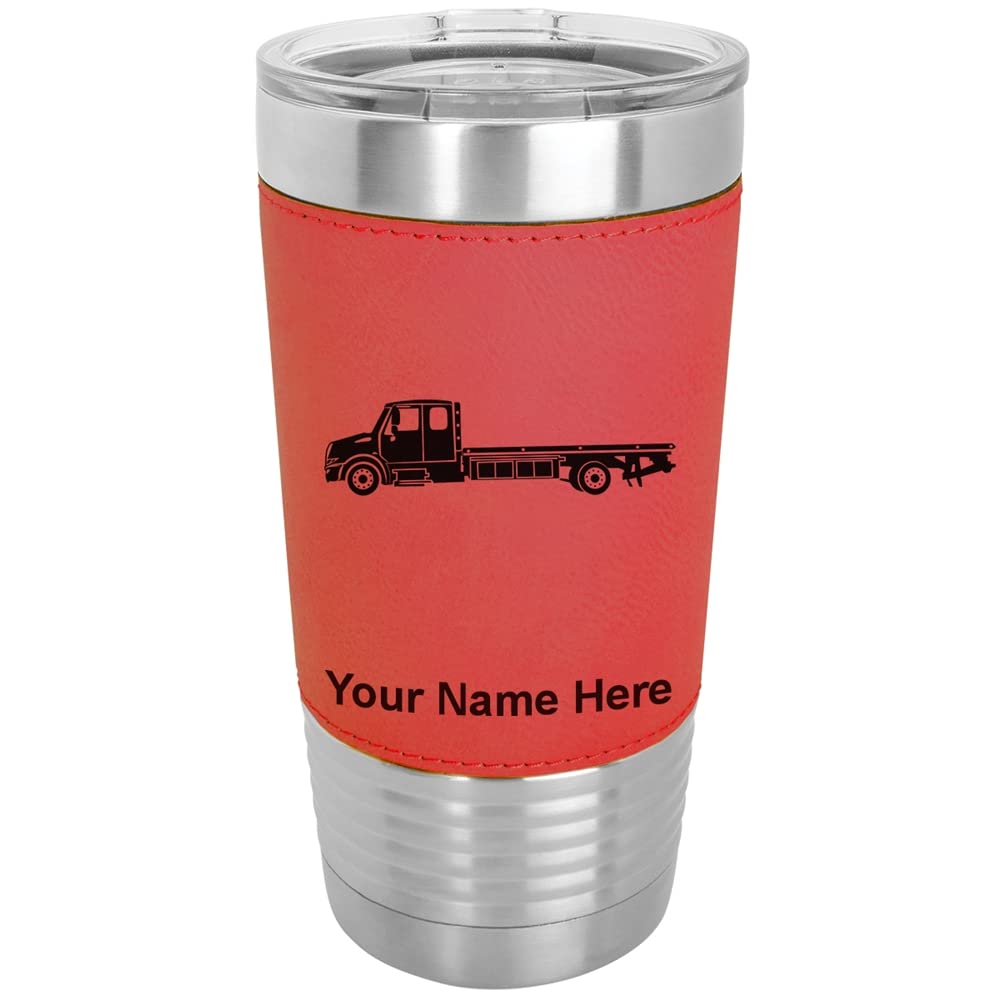 LaserGram 20oz Vacuum Insulated Tumbler Mug, Flat Bed Tow Truck, Personalized Engraving Included (Faux Leather, Red)