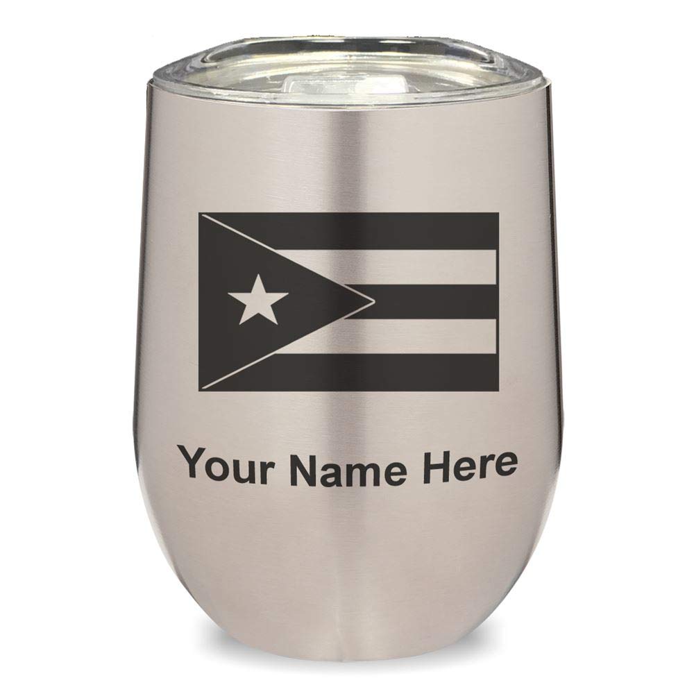 LaserGram Double Wall Stainless Steel Wine Glass Tumbler, Flag of Puerto Rico, Personalized Engraving Included (Stainless Steel)