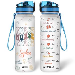 hyturtle personalized nurse stethoscope 32oz liter motivational water bottle, customized name with time marker, appreciation gifts for women nurse coworkers on birthday nurse's day