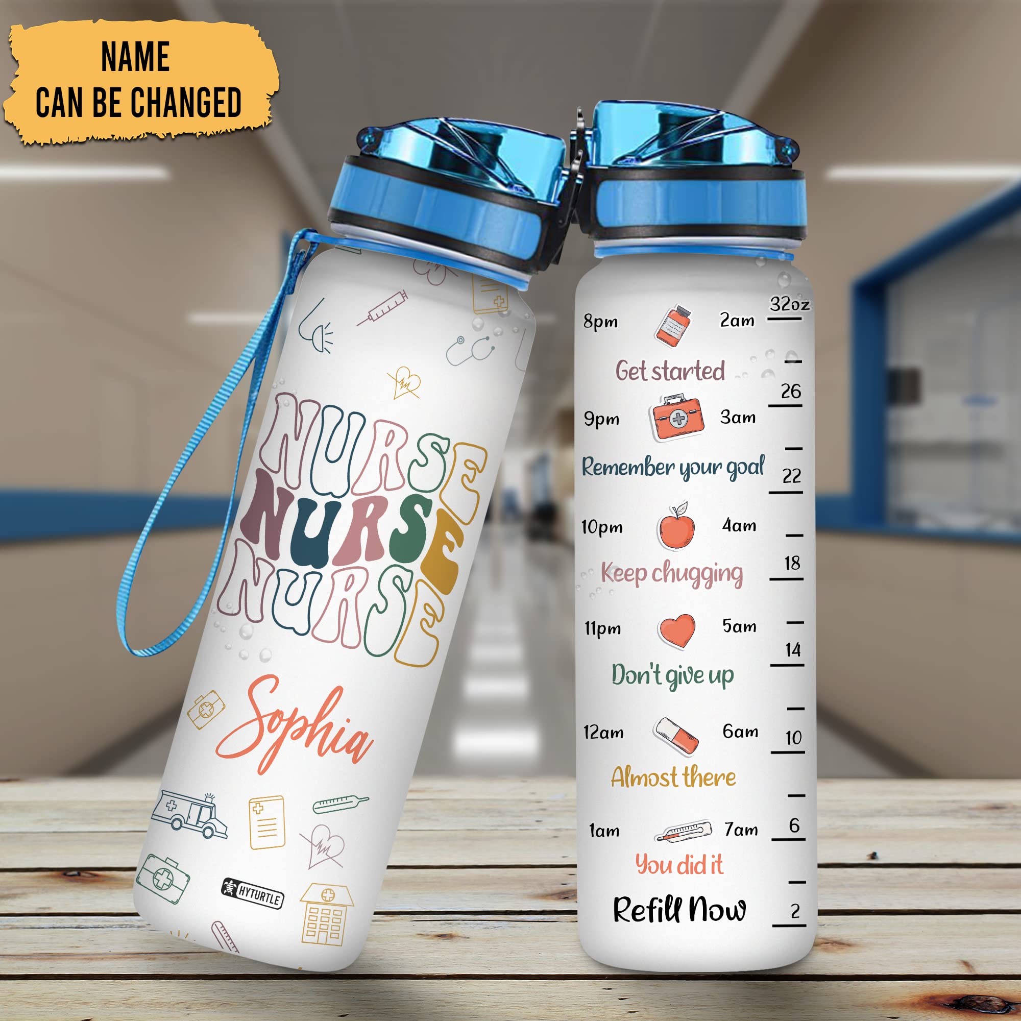 Hyturtle Personalized Nurse Stethoscope 32Oz Liter Motivational Water Bottle, Customized Name With Time Marker, Appreciation Gifts For Women Nurse Coworkers On Birthday Nurse's Day