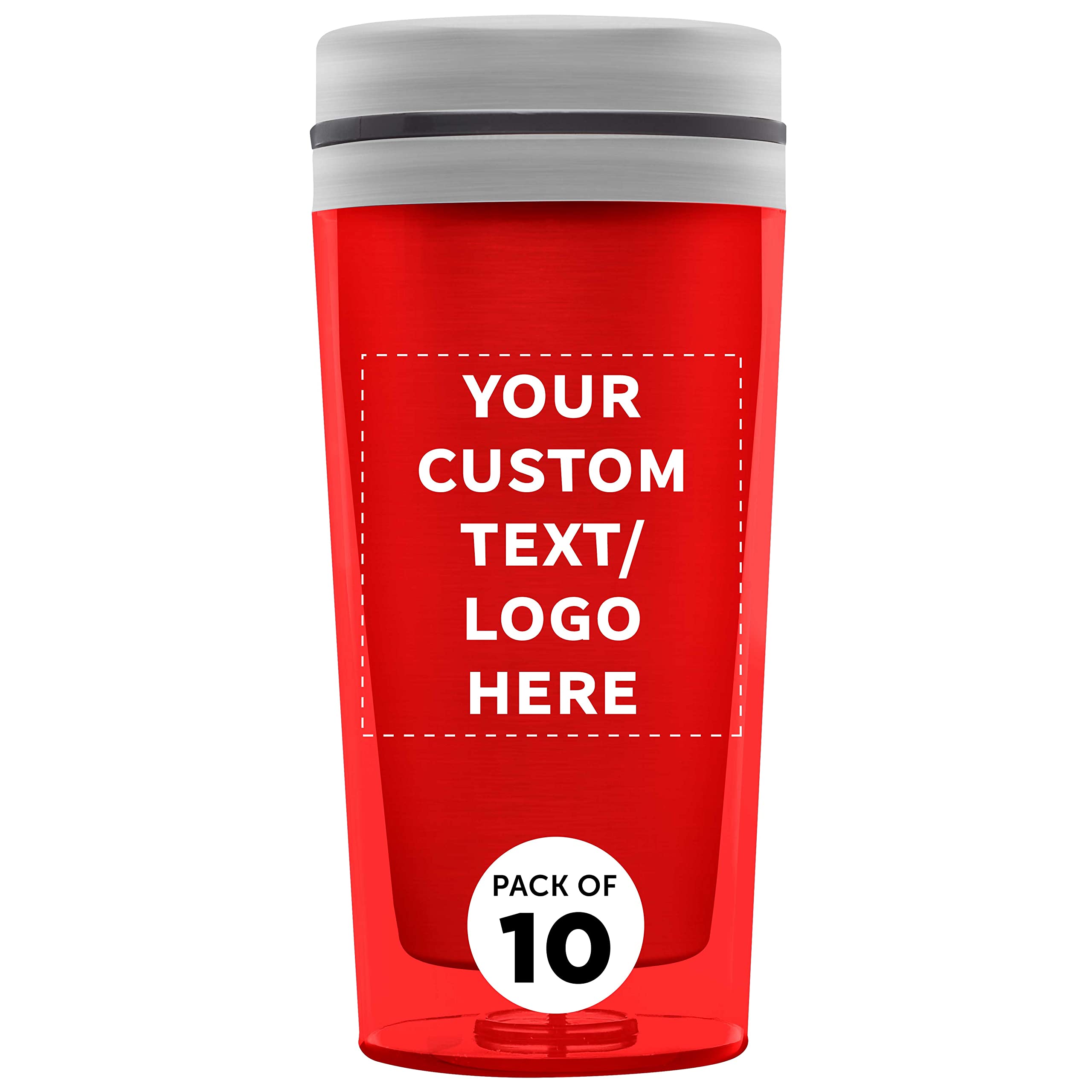 Custom Insulated Double Wall Travel Tumbler with Lid 16 oz. Set of 10, Personalized Bulk Pack - Perfect for Iced Coffee, Soda, Other Hot & Cold Beverages - Red