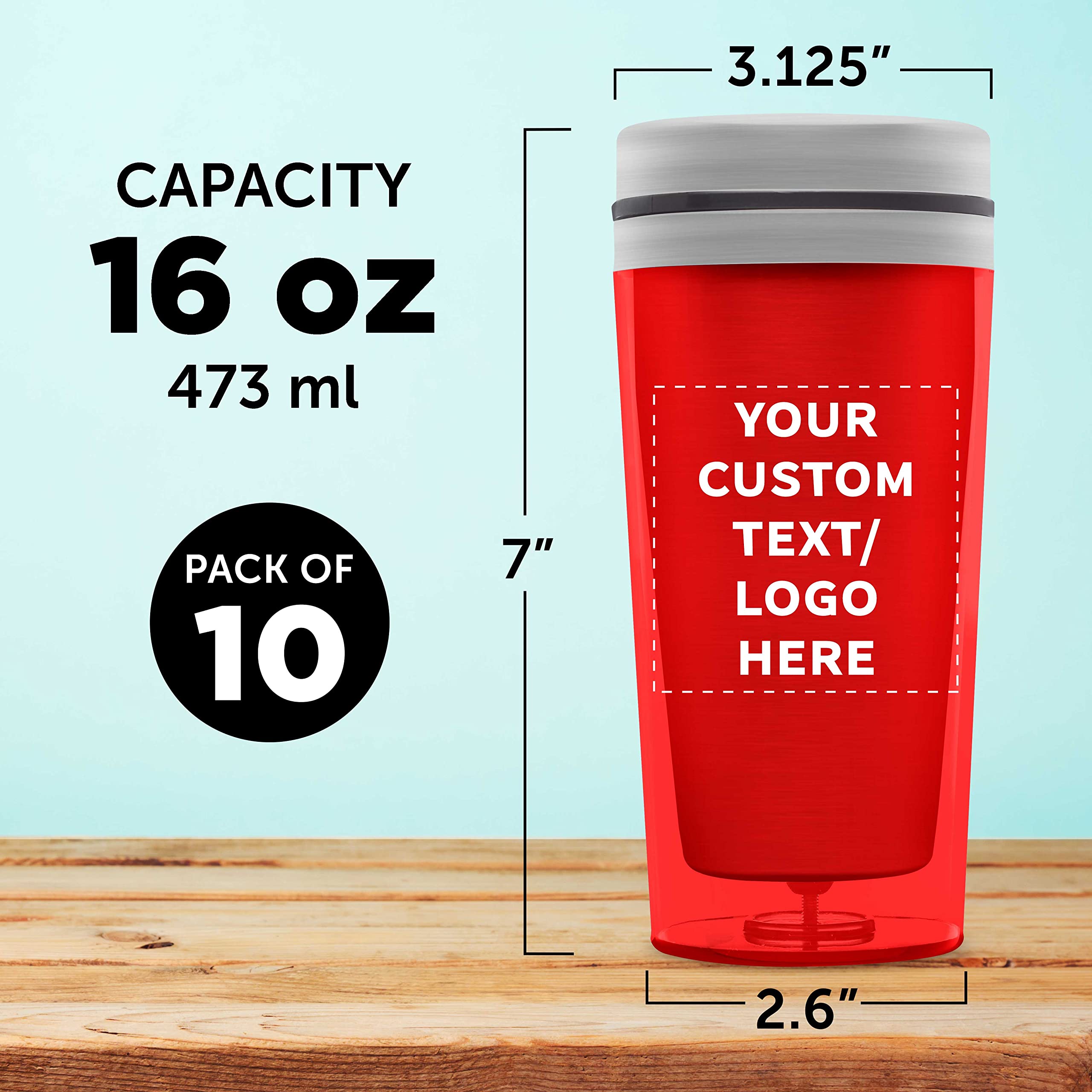 Custom Insulated Double Wall Travel Tumbler with Lid 16 oz. Set of 10, Personalized Bulk Pack - Perfect for Iced Coffee, Soda, Other Hot & Cold Beverages - Red