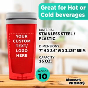 Custom Insulated Double Wall Travel Tumbler with Lid 16 oz. Set of 10, Personalized Bulk Pack - Perfect for Iced Coffee, Soda, Other Hot & Cold Beverages - Red