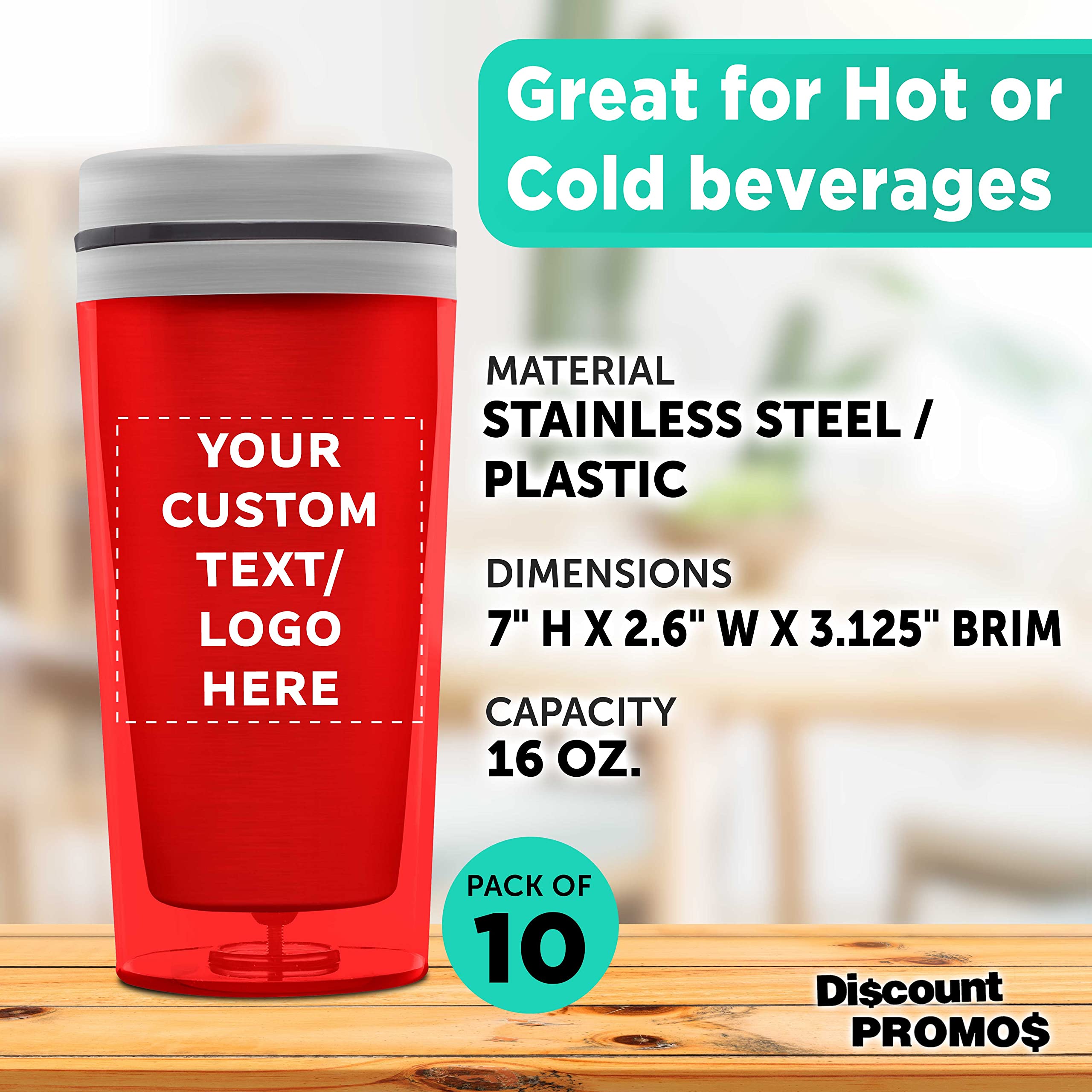 Custom Insulated Double Wall Travel Tumbler with Lid 16 oz. Set of 10, Personalized Bulk Pack - Perfect for Iced Coffee, Soda, Other Hot & Cold Beverages - Red