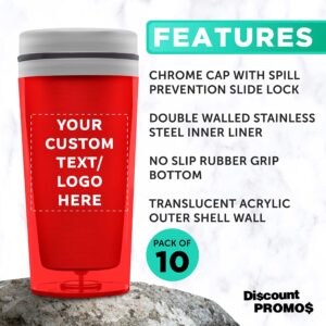 Custom Insulated Double Wall Travel Tumbler with Lid 16 oz. Set of 10, Personalized Bulk Pack - Perfect for Iced Coffee, Soda, Other Hot & Cold Beverages - Red