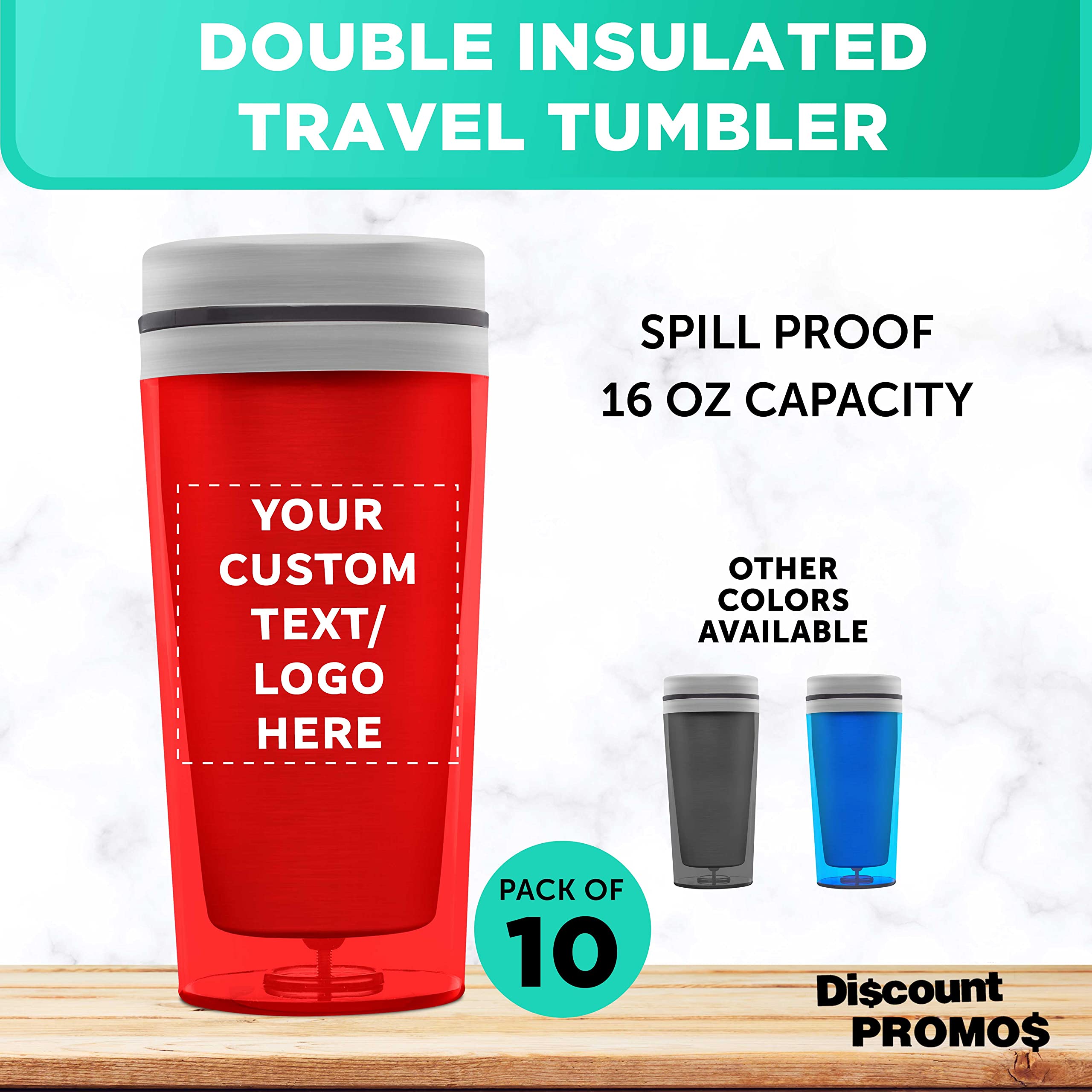 Custom Insulated Double Wall Travel Tumbler with Lid 16 oz. Set of 10, Personalized Bulk Pack - Perfect for Iced Coffee, Soda, Other Hot & Cold Beverages - Red