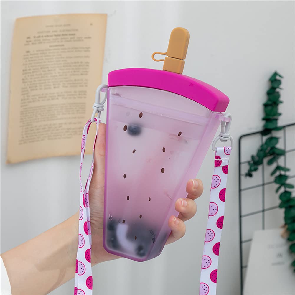 Creative Dragon Fruit Straw Water Bottle Plastic Water Bottle Cute Ice Cream Shape Water Cup Anti-Fall Water Jug Kawaii Juice Cup with Adjustable Shoulder Strap Universal for Adult Children, 320ml