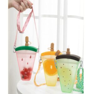 Creative Dragon Fruit Straw Water Bottle Plastic Water Bottle Cute Ice Cream Shape Water Cup Anti-Fall Water Jug Kawaii Juice Cup with Adjustable Shoulder Strap Universal for Adult Children, 320ml