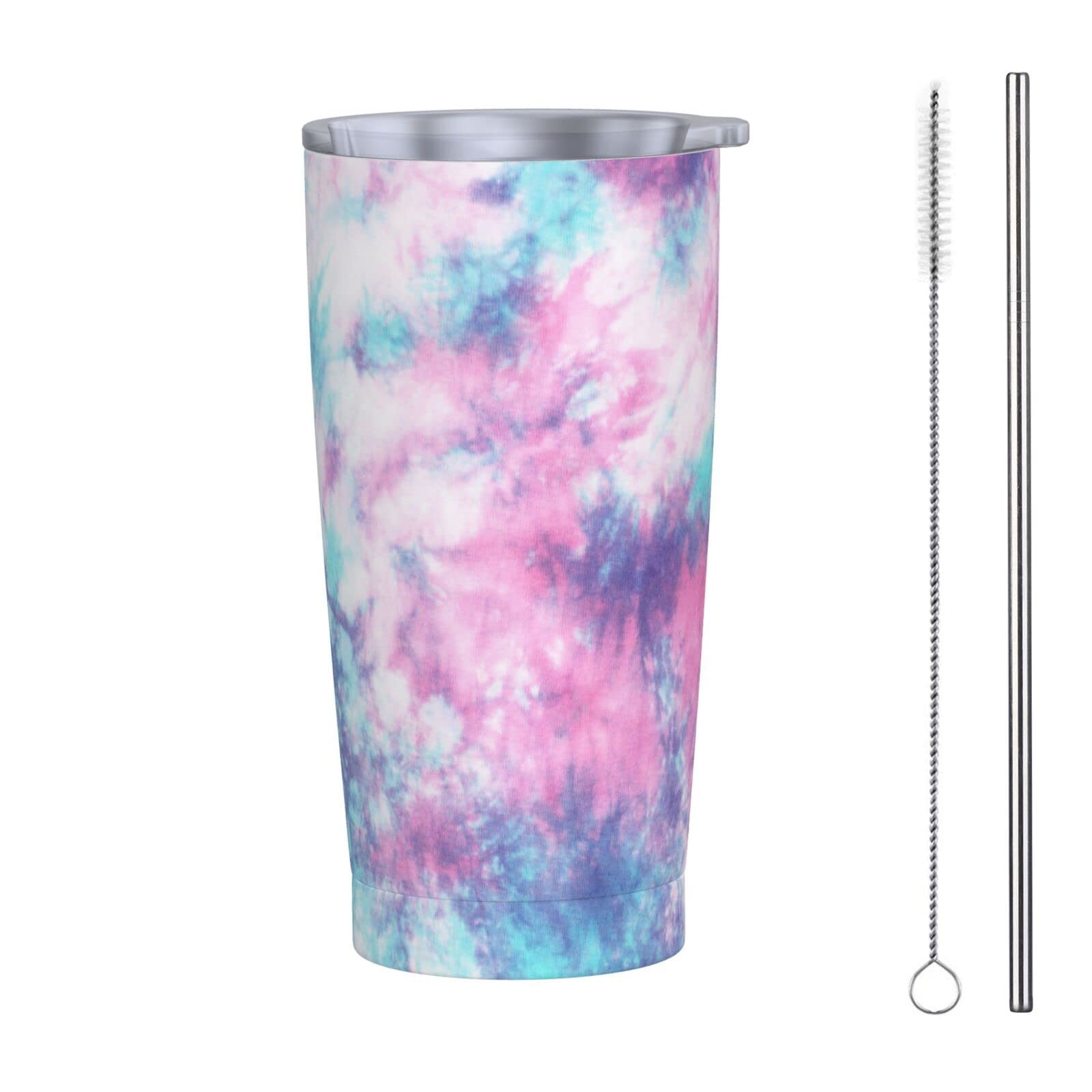 Dujiea 20oz Tumbler With Lid And Straw, Pastel Blue Pink Tie Dye Vacuum Insulated Iced Coffee Mug Reusable Travel Cup Stainless Steel Water Bottle