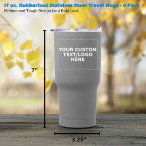 Personalized 17 oz. Rubberized Stainless Steel Travel Mugs - 6 Pack - Custom Text, Logo - Grey