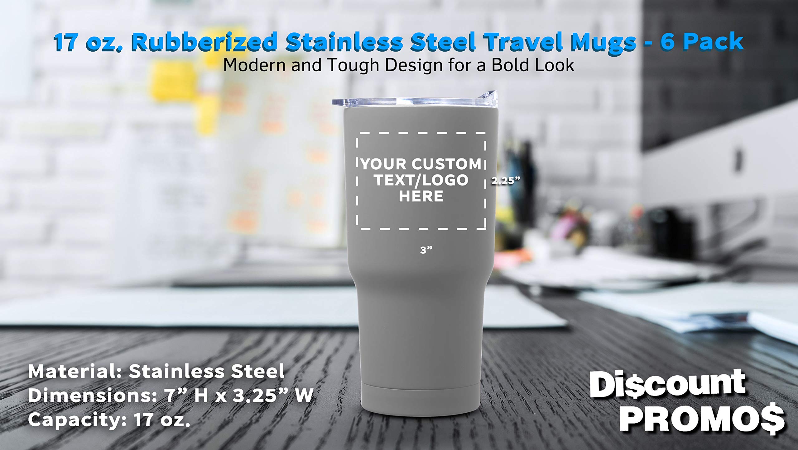 Personalized 17 oz. Rubberized Stainless Steel Travel Mugs - 6 Pack - Custom Text, Logo - Grey