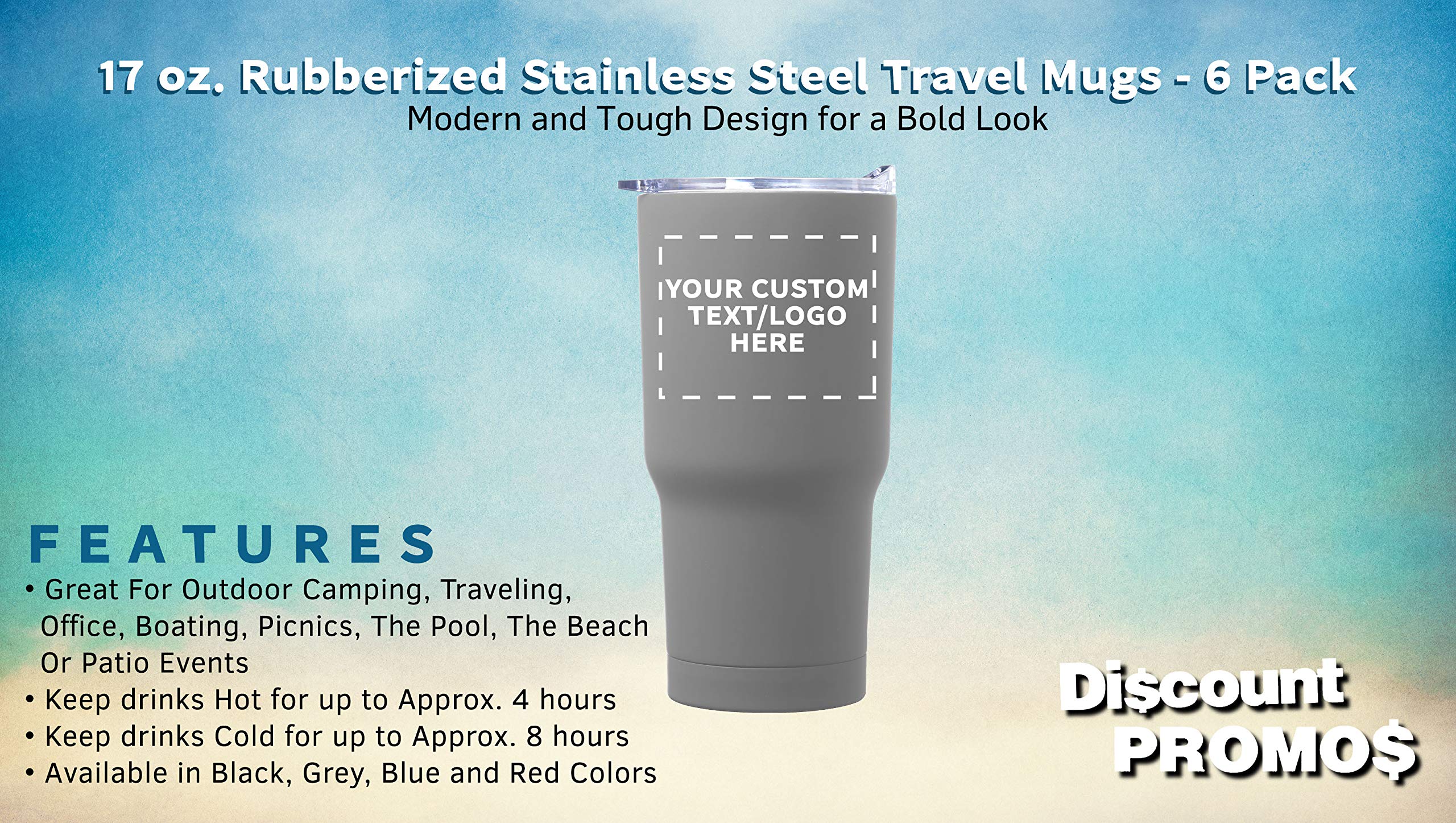 Personalized 17 oz. Rubberized Stainless Steel Travel Mugs - 6 Pack - Custom Text, Logo - Grey