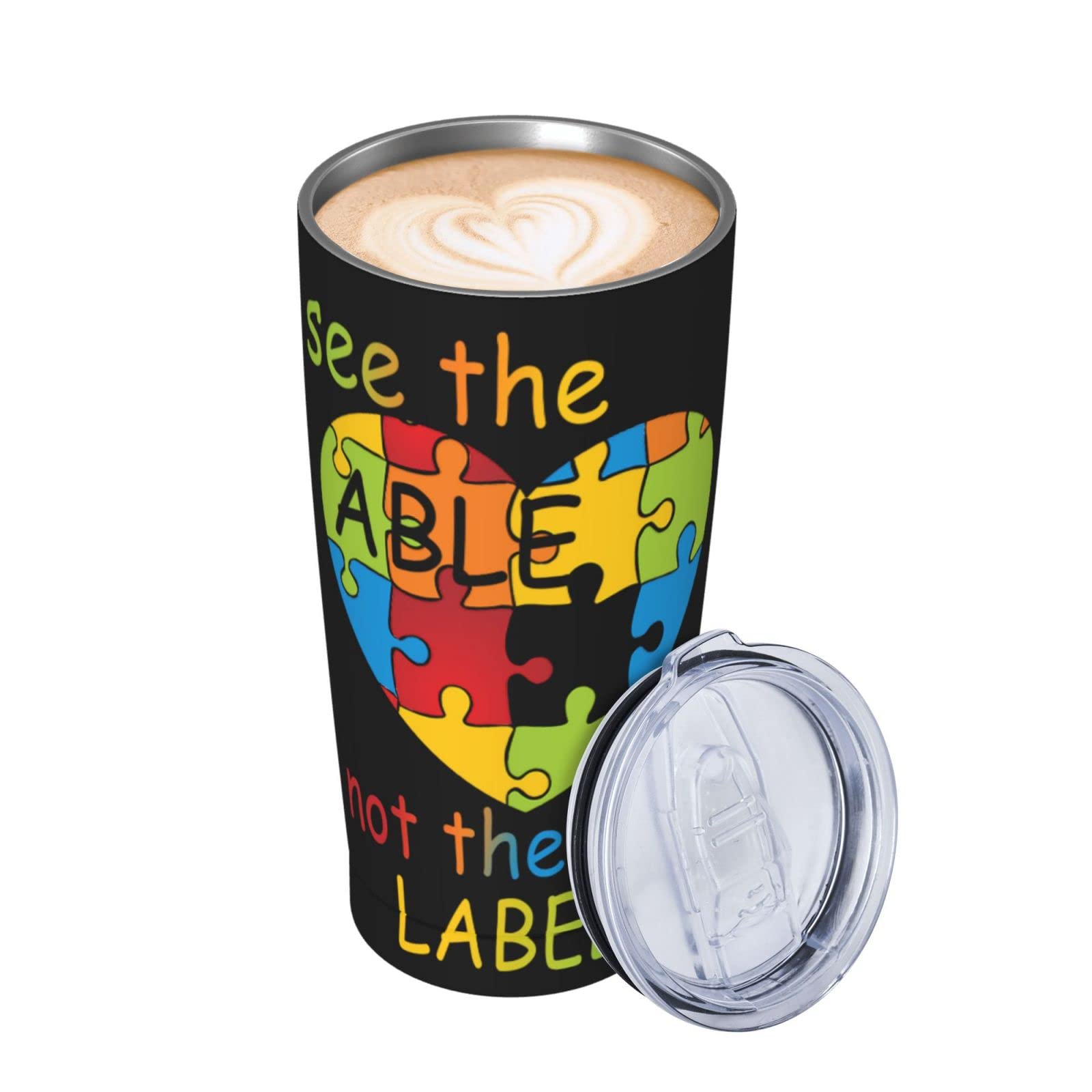 See The Able Not The Label Autism Coffee Cup,With Lid Spill Proof And Straw Thermos Cup Stainless Steel Water Bottle Reusable Auto Mug Travel Mug-20oz