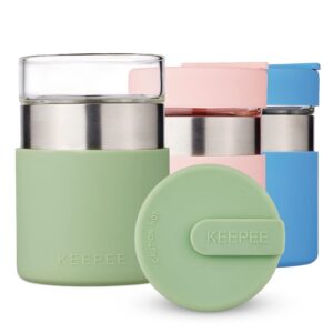 keepee insulated glass travel coffee mug with silicone lid - reusable glass coffee cup - insulated tumbler with glass insert - 10oz green