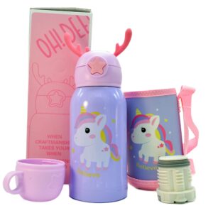 talavan kids antler water bottle 500ml 316 stainless steel vacuum insulated thermos with straw (unicorn)