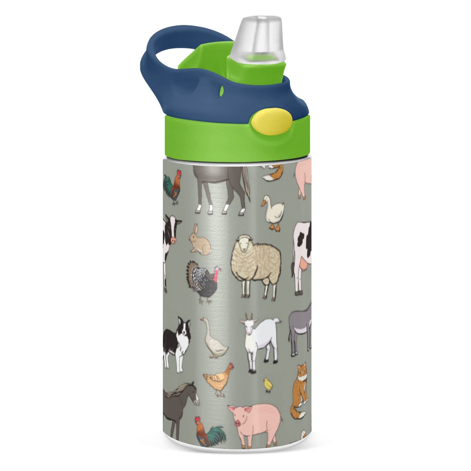 JUMBEAR Farm Animal Water Bottle with Straw Lid, Leakproof Double Walled Vacuum Insulated Stainless Steel Thermo Flask Travel Tumbler for Kids, Boys, Girls