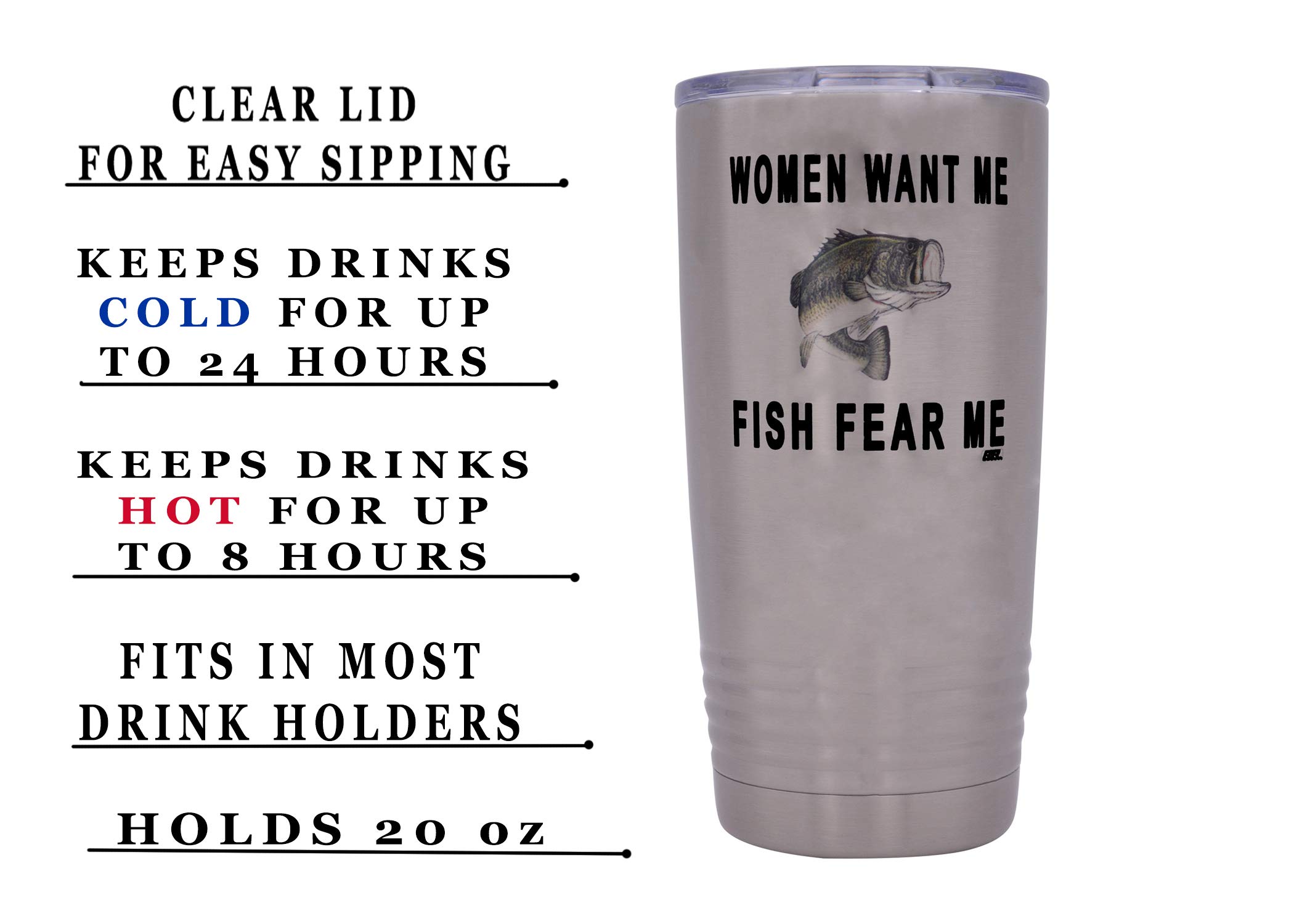 Rogue River Tactical Funny Fishing 20 Oz. Travel Tumbler Mug Cup w/Lid Vacuum Insulated Hot or Cold Fish Fear Me Fishing