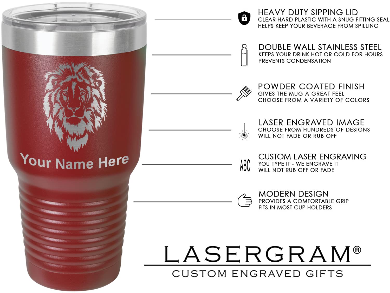 LaserGram 30oz Vacuum Insulated Tumbler Mug, Great White Shark, Personalized Engraving Included (Maroon)