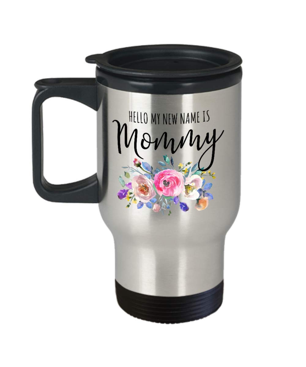 ODDITEES Pregnancy Announcement Travel Mug Hello My New Name Is Mommy 14oz Stainless Steel