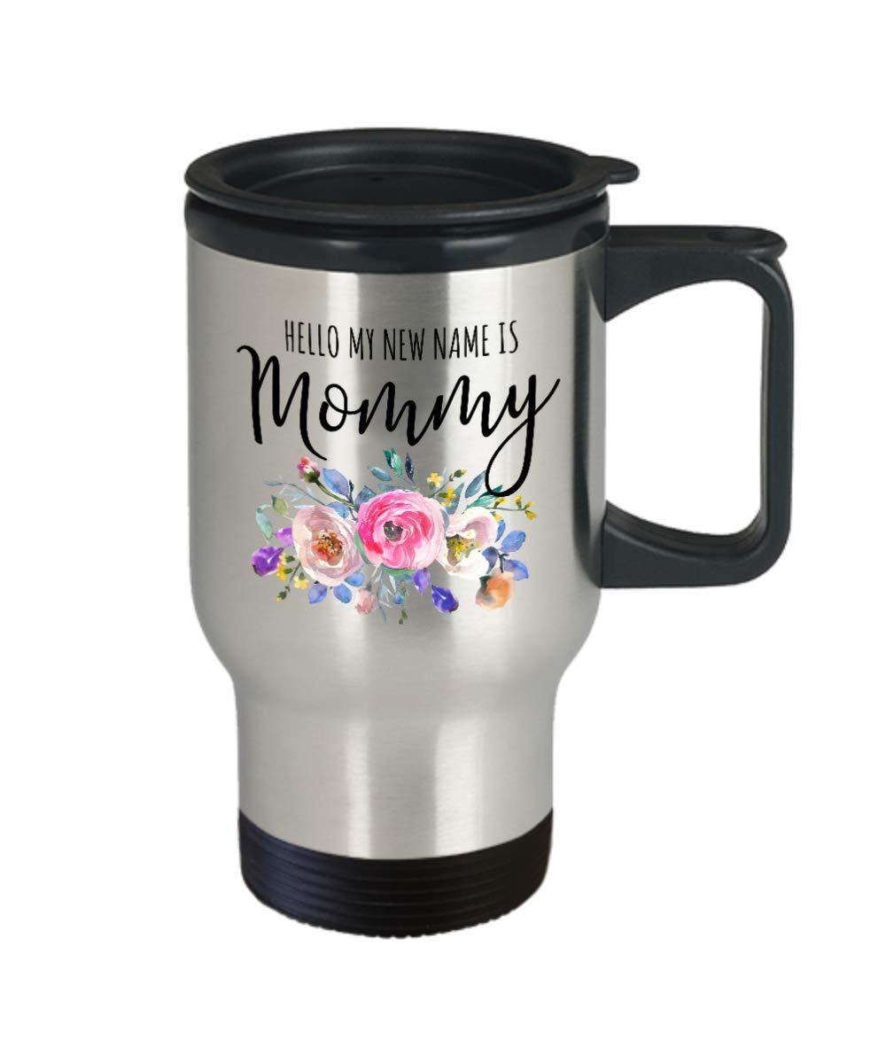 ODDITEES Pregnancy Announcement Travel Mug Hello My New Name Is Mommy 14oz Stainless Steel