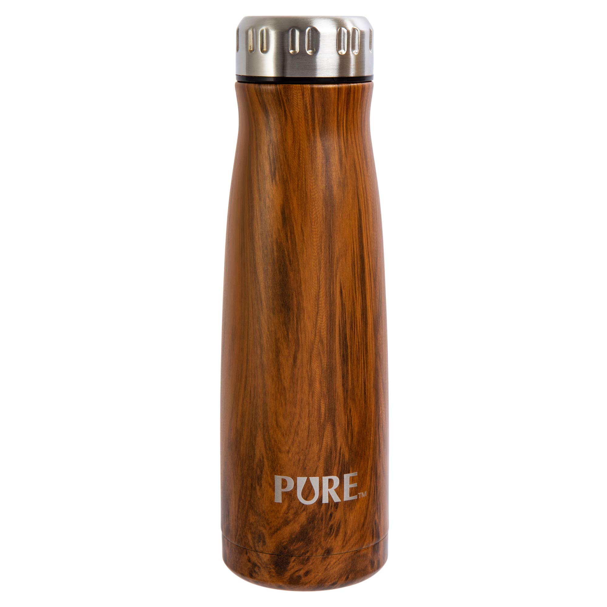 PURE Drinkware PURE Stainless Steel Vacuum Insulated 17 oz, Brown Wide-Mouth Water Bottle, Wood