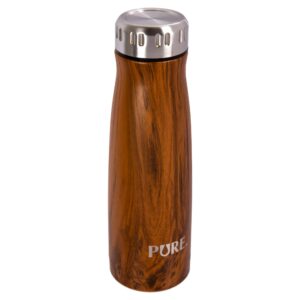 PURE Drinkware PURE Stainless Steel Vacuum Insulated 17 oz, Brown Wide-Mouth Water Bottle, Wood