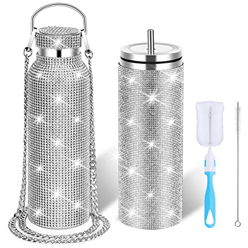 2 Pieces Glitter Water Bottles Rhinestone Stainless Steel Thermal Water Bottle Bling Insulated Water Bottle with Chain Bedazzled Refillable Water Bottle with Cup Brushes for Women Girl