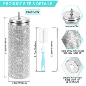 2 Pieces Glitter Water Bottles Rhinestone Stainless Steel Thermal Water Bottle Bling Insulated Water Bottle with Chain Bedazzled Refillable Water Bottle with Cup Brushes for Women Girl