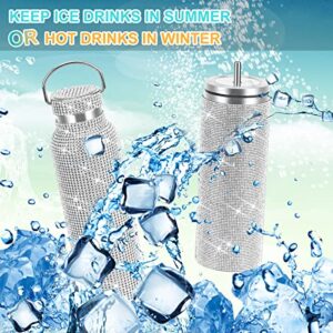 2 Pieces Glitter Water Bottles Rhinestone Stainless Steel Thermal Water Bottle Bling Insulated Water Bottle with Chain Bedazzled Refillable Water Bottle with Cup Brushes for Women Girl