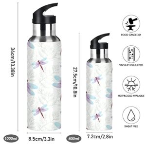 Pink and Blue Dragonfly Water Bottle with Straw Lid Thermos Insulated Stainless Steel Water Flask 20 Oz,WT083