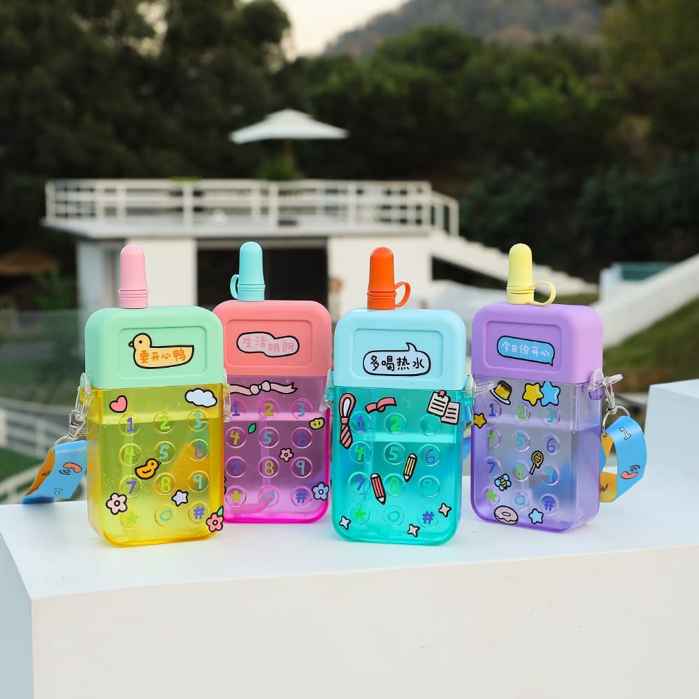 YunQin Creative Cell Phone Shaped Water Bottles,Leak Proof Cute Plastic Bottles with Adjustable Shoulder Strap and Straw, Multi-Colored Juice Drinking Bottles (300ML/10Oz) (Blue)