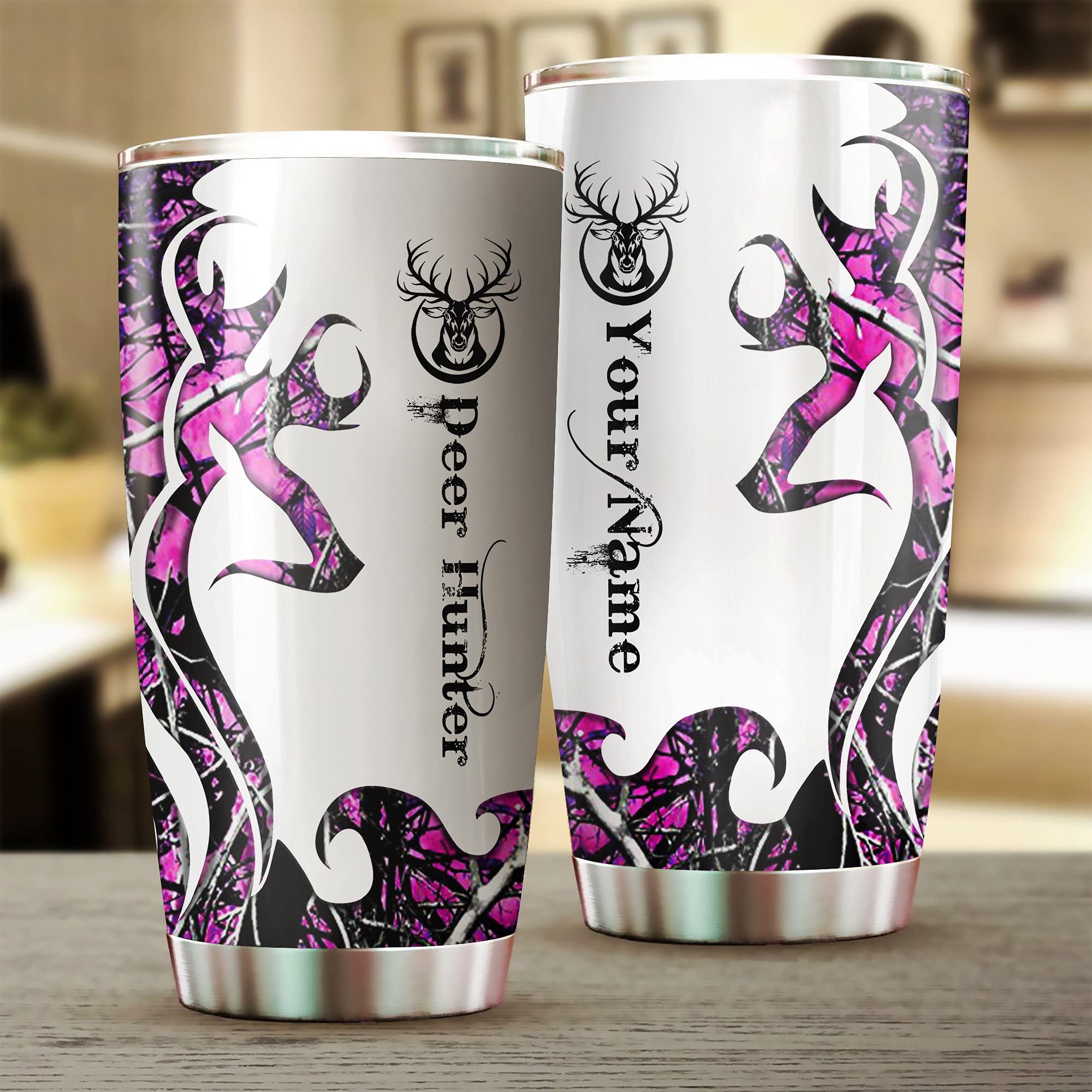 TUMBLER Personalized Deer Hunting Pink Muddy Camo Tumbler Stainless Steel Vacuum Insulated Double Wall Travel Tumbler With Lid Coffee Tea Water Bottle Gifts For Girl Woman Deer Hunter Hunting Lover