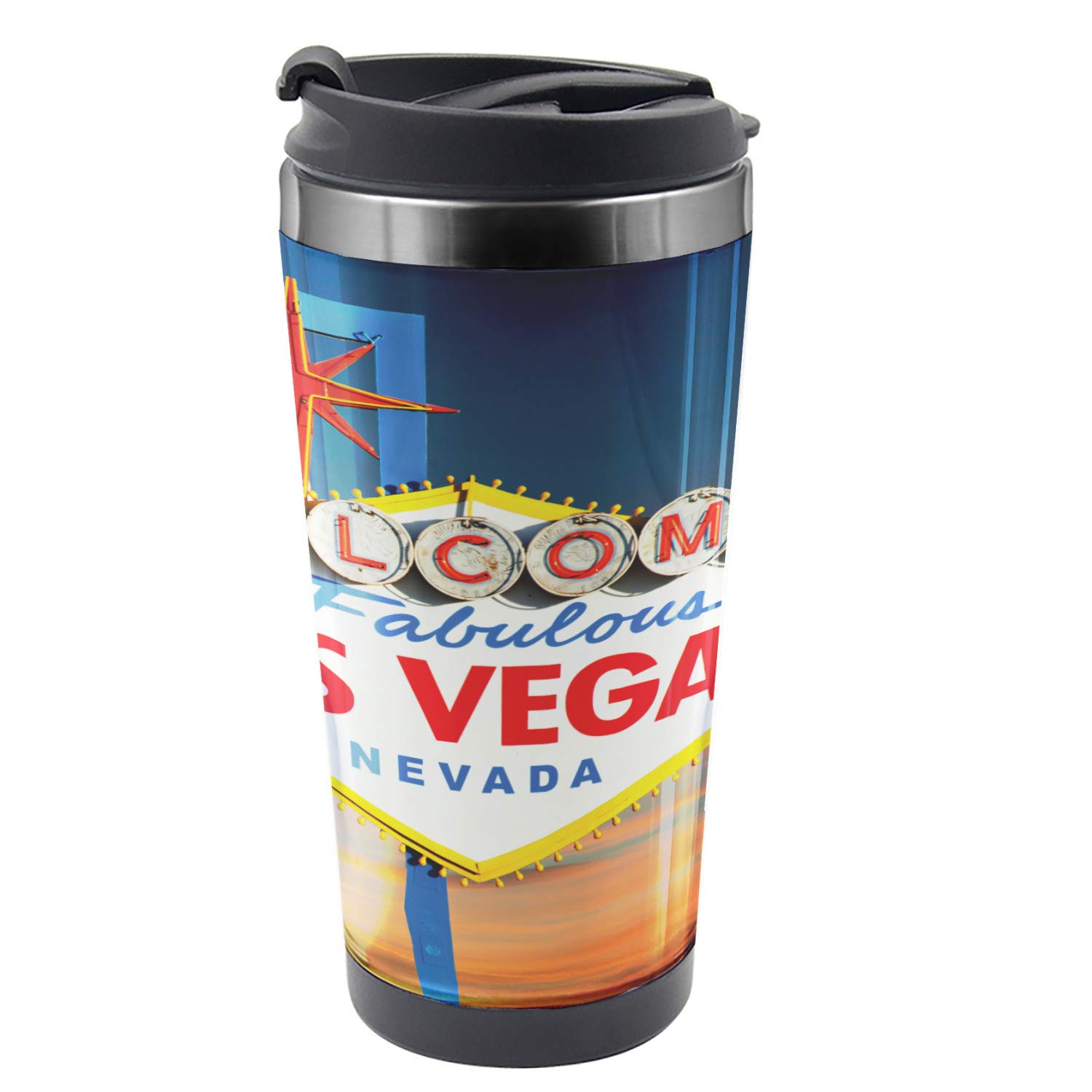 Ambesonne USA Travel Mug, Welcome to Fabulous Las Vegas Nevada Sign Detailed Picture Traveler Urban Road Design, Steel Thermal Cup, 16 oz, Navy Red