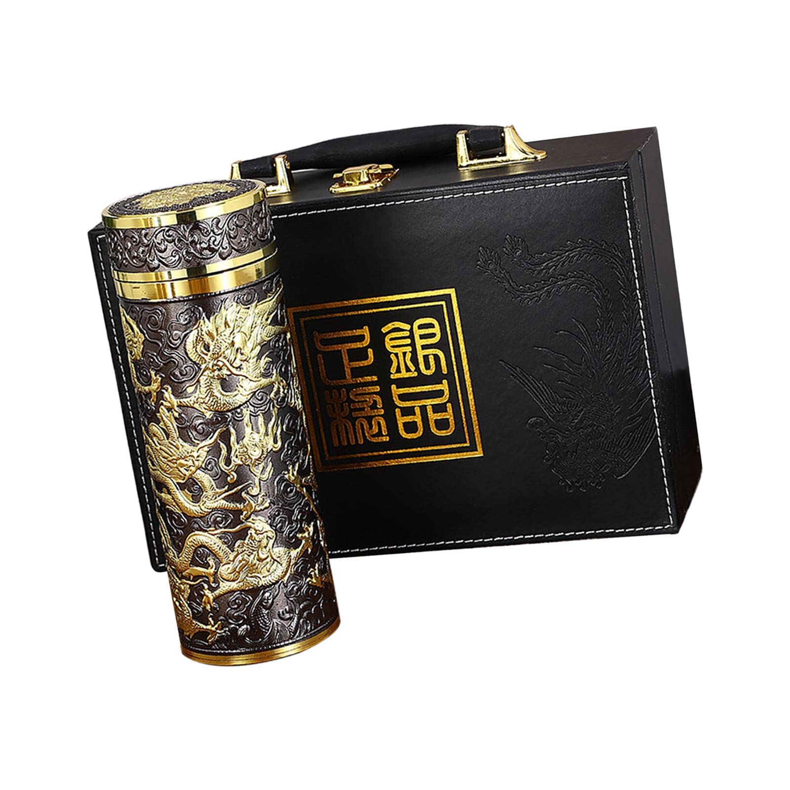 Leefasy Luxurious Chinese Dragon Vacuum Insulation Water Bottle for Hot and Cold Drinks with Artificial PU Leather Storage Box Stainless Steel Liner