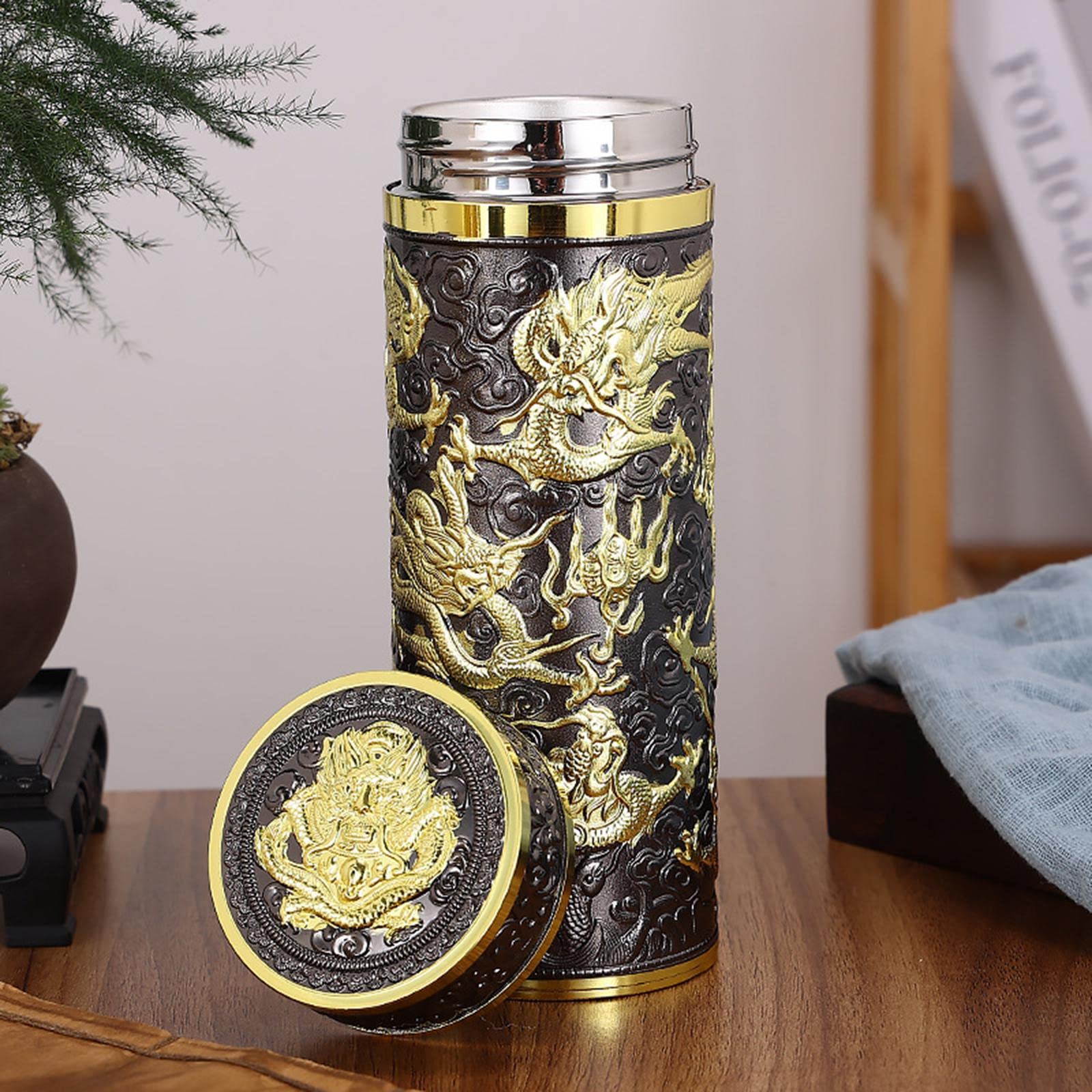 Leefasy Luxurious Chinese Dragon Vacuum Insulation Water Bottle for Hot and Cold Drinks with Artificial PU Leather Storage Box Stainless Steel Liner